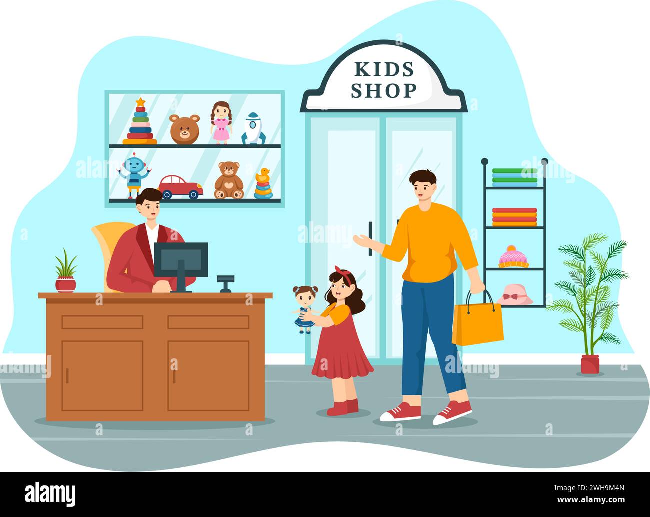 Kids Shop Vector Illustration with Boys and Girls Children Equipment ...