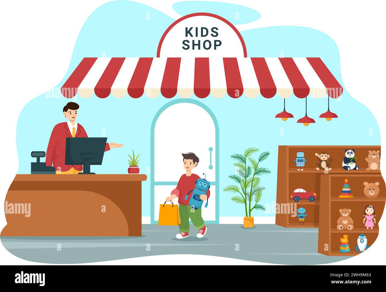 Kids Shop Vector Illustration with Boys and Girls Children Equipment ...