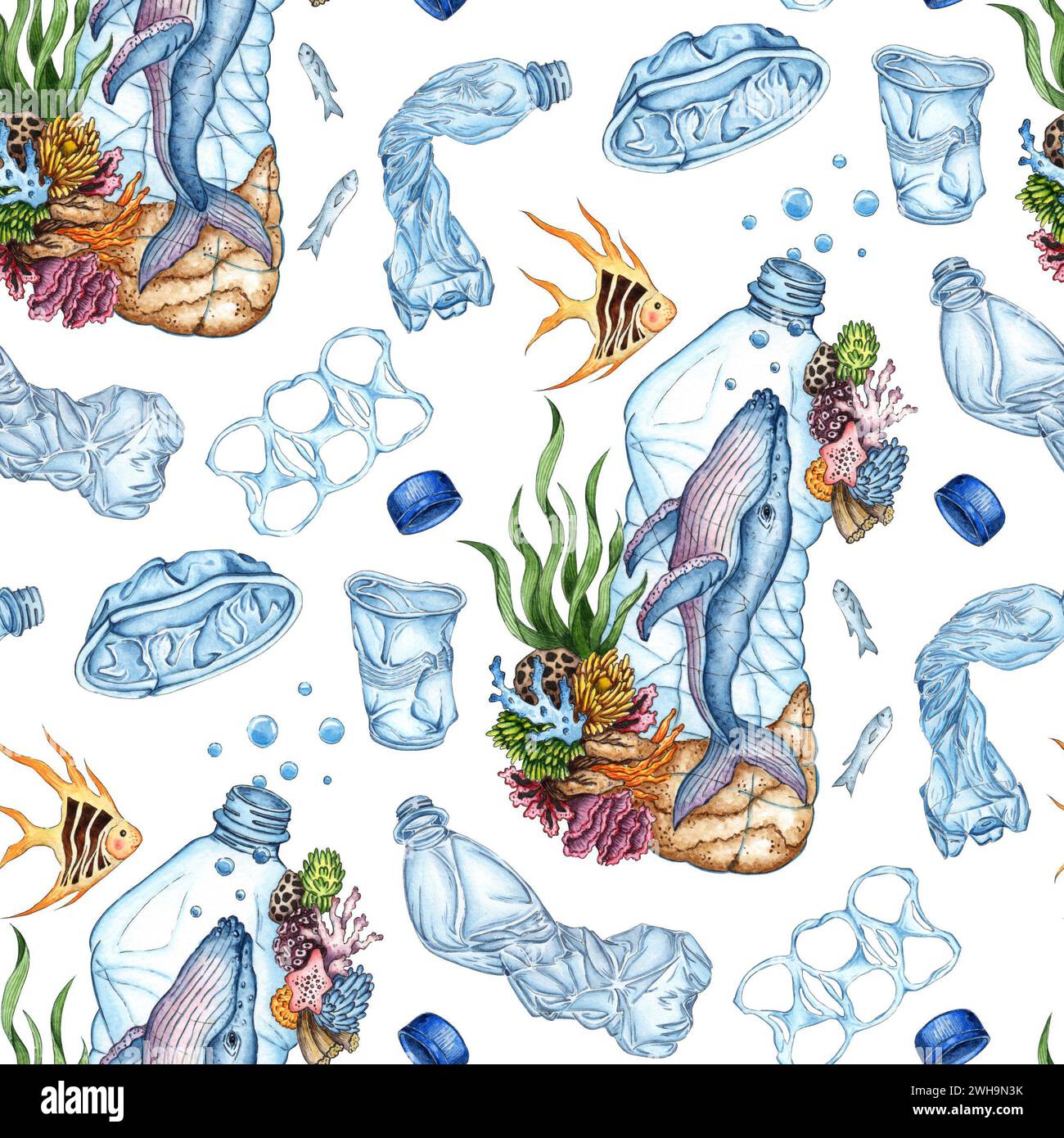 Watercolor illustration pattern of whale in bottle and plastic trash ...