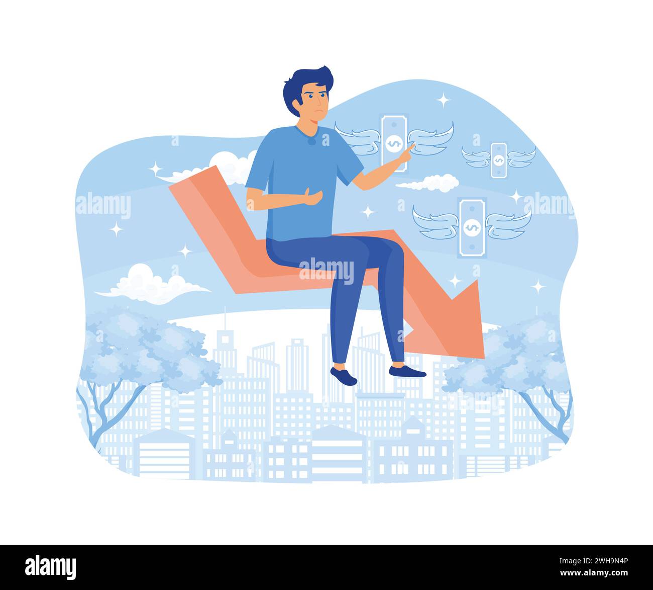 Businessman sit on arrow stock market crash, Stock market falling ...