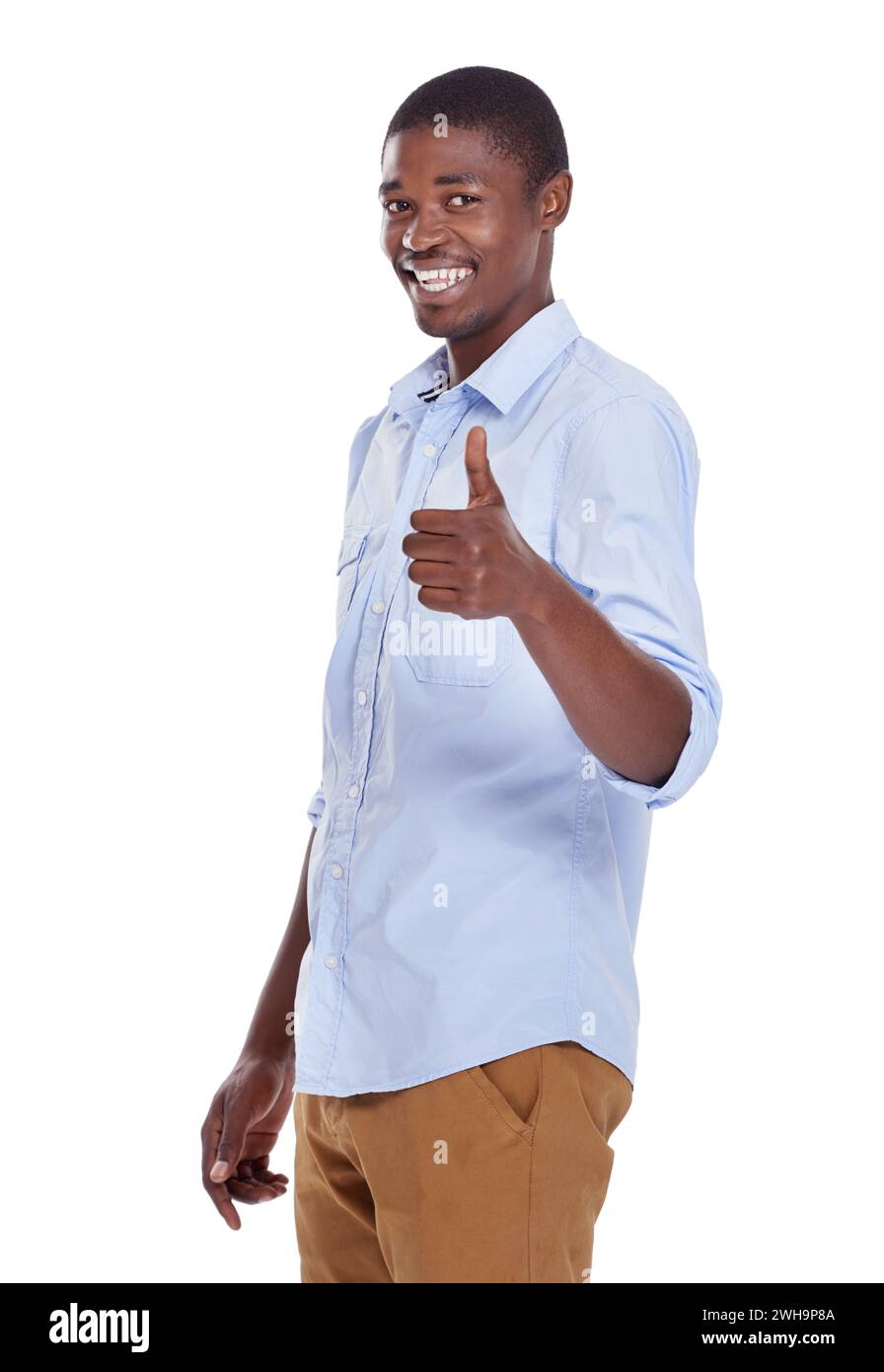 Happy, portrait and black man with thumbs up for good job, winning or ...