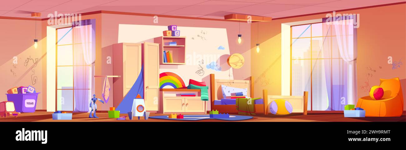 Messy untidy room of child boy. Cartoon vector illustration of ...
