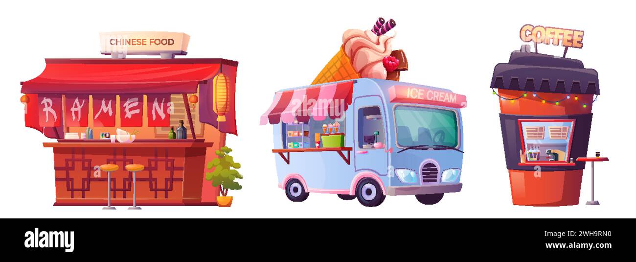 Street food stalls with chinese dishes, ice cream and coffee for park ...