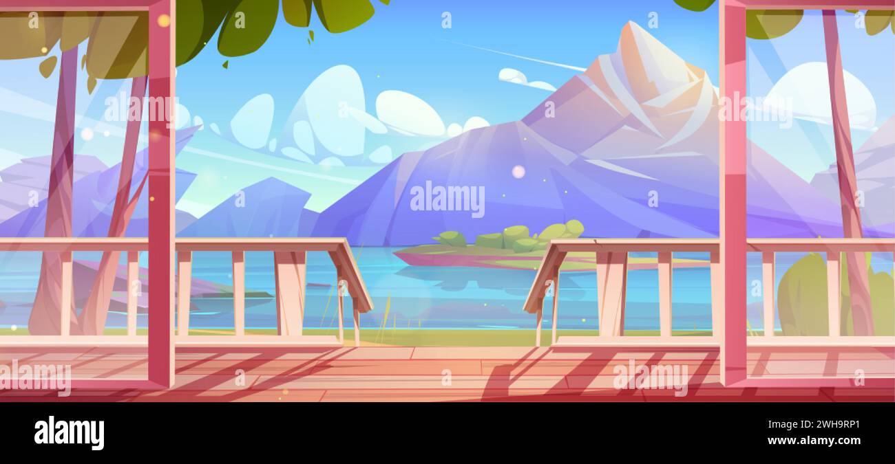 Mountain lake view from wooden terrace. Vector cartoon illustration of ...