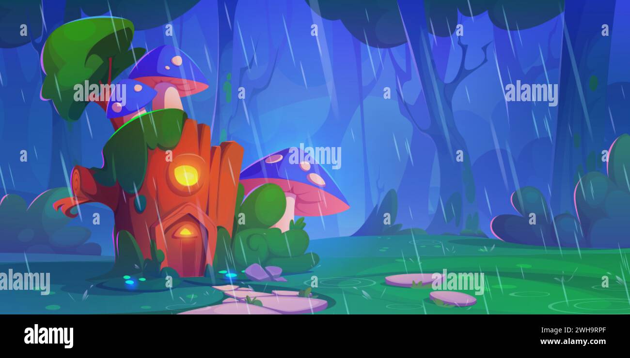 Magic wonderland with fairy wooden house with mushrooms under rain ...