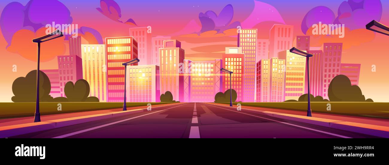 Modern city highway in lights of morning sunrise. Vector cartoon ...