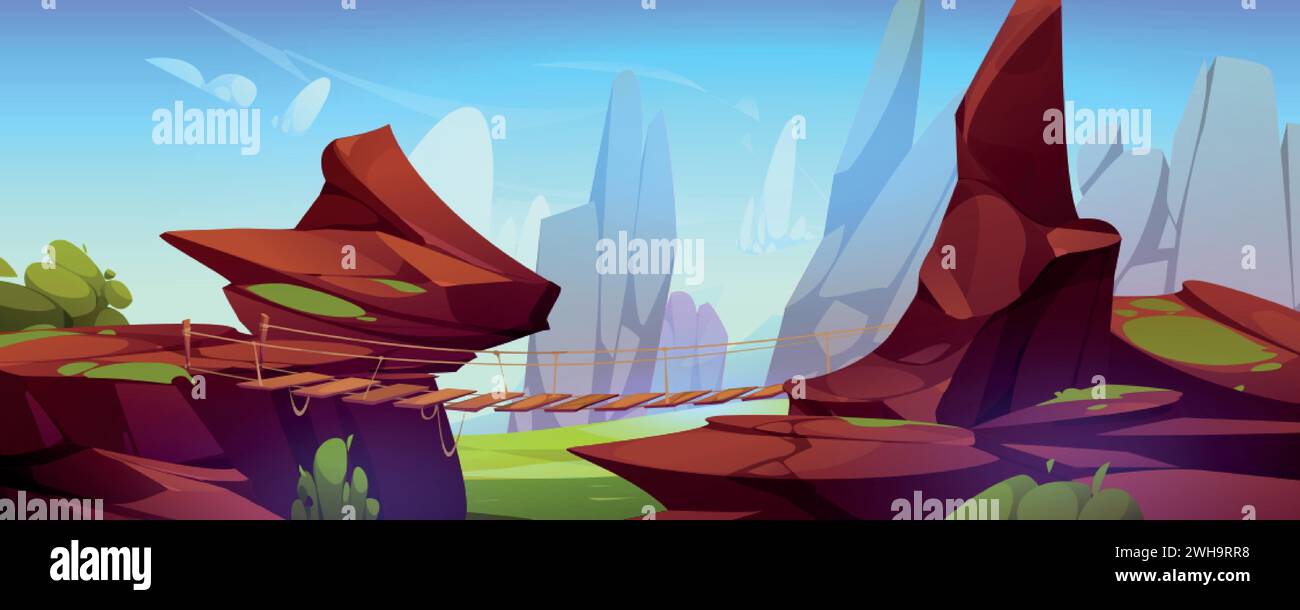 Rocky cliff with hanging bridge with wooden plates and rope. Cartoon ...