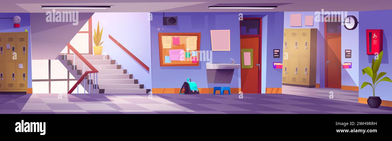 Modern school hall with lockers. Vector cartoon illustration of large ...