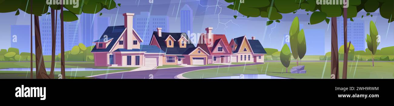 Suburban landscape with countryside house in rain. Cartoon vector ...