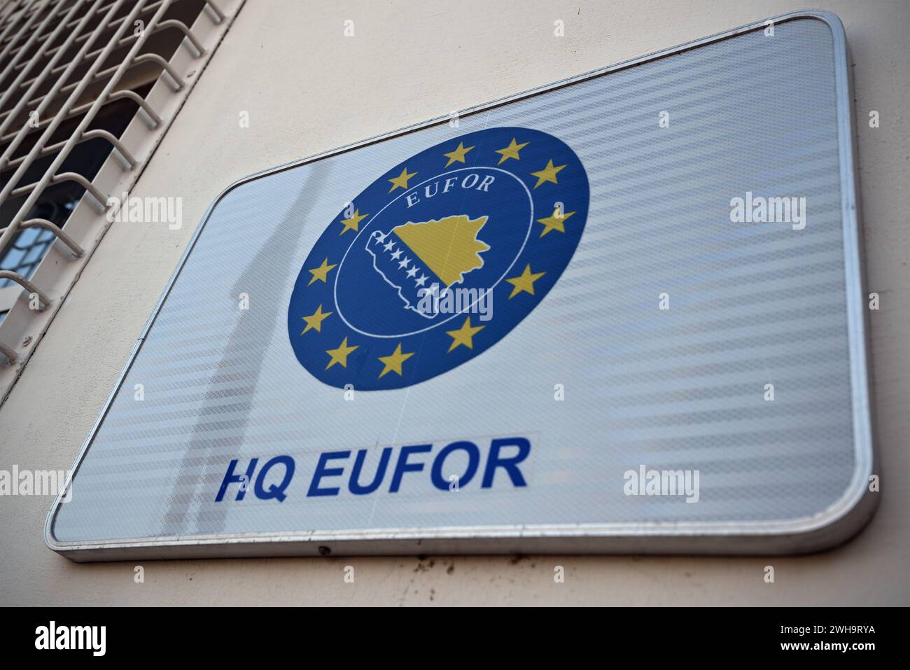 Sarajevo, Bosnia Herzegovina. 07th Feb, 2024. The logo of the EUFOR ...
