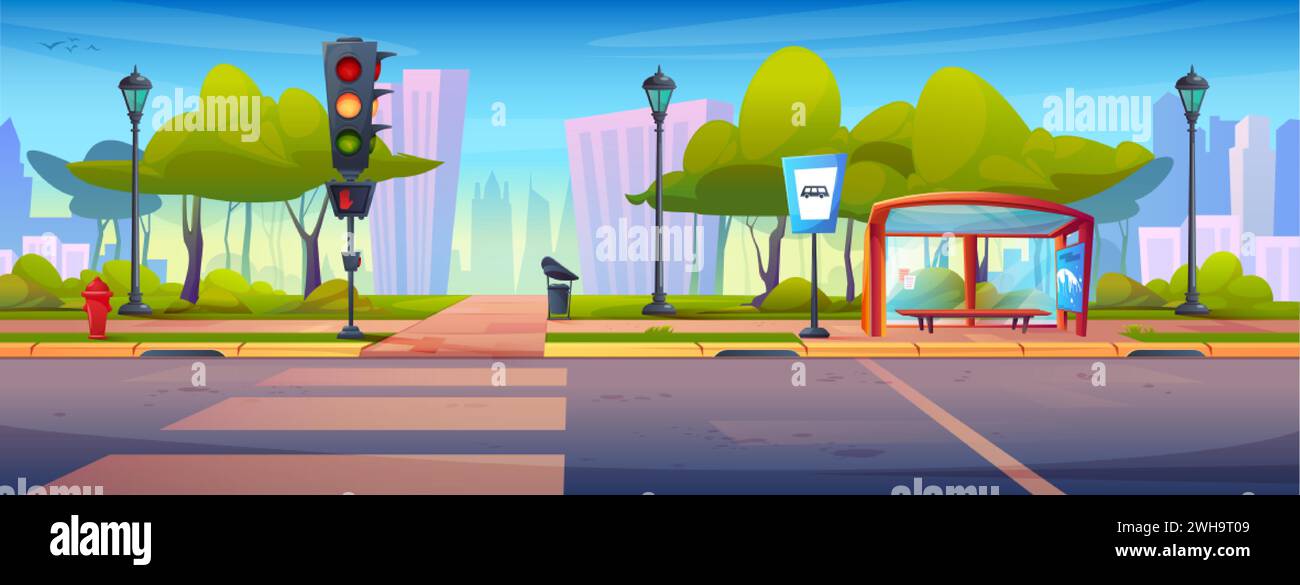 Cartoon summer city street landscape with sidewalk and traffic light ...