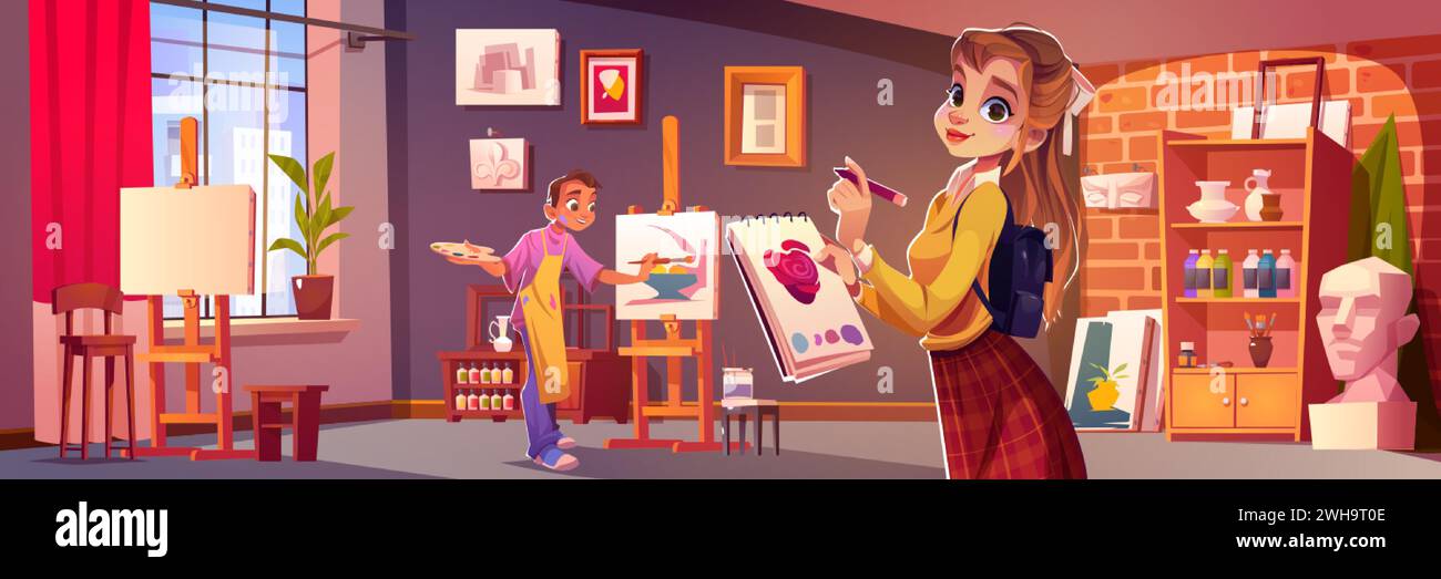 Art school students drawing pictures in studio. Vector cartoon ...