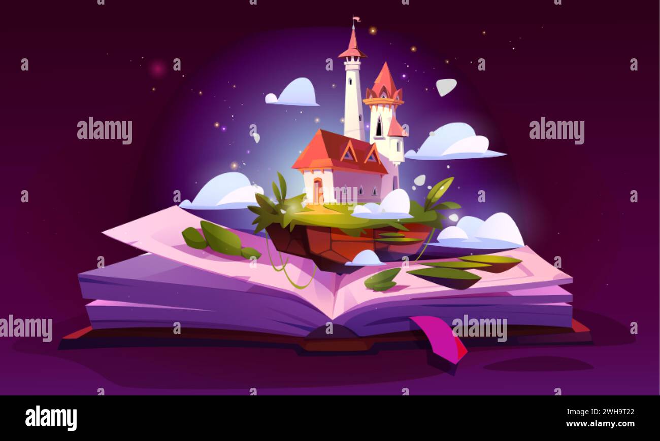 Fairytale castle on open book pages. Vector cartoon illustration of ...