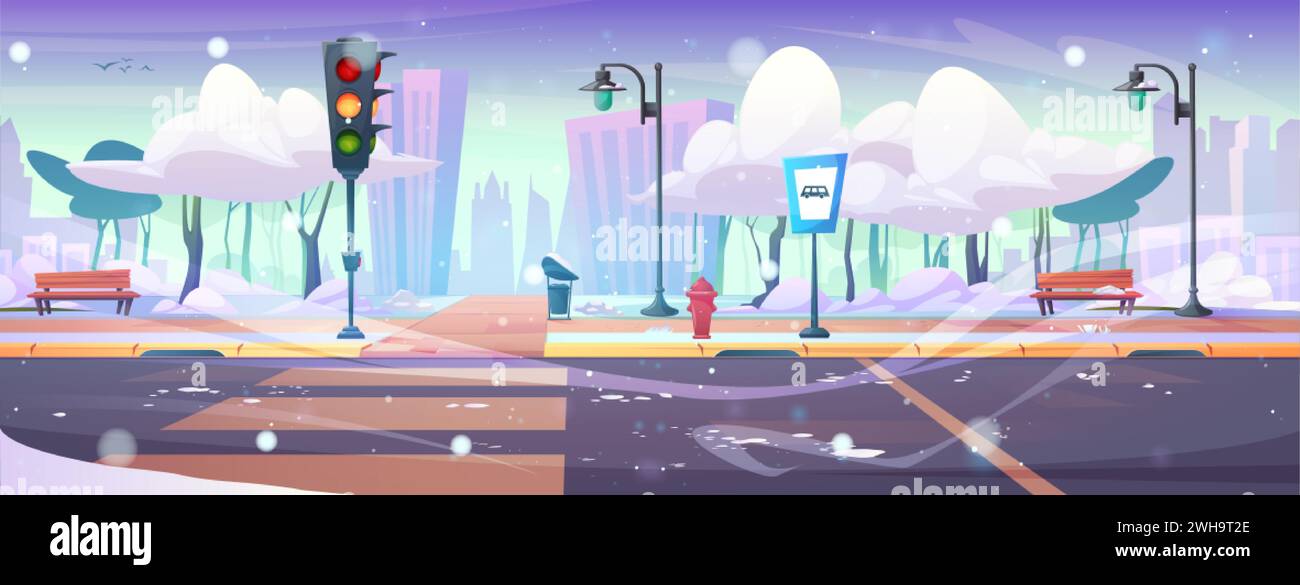 Cartoon vector winter city street landscape with sidewalk, traffic ...