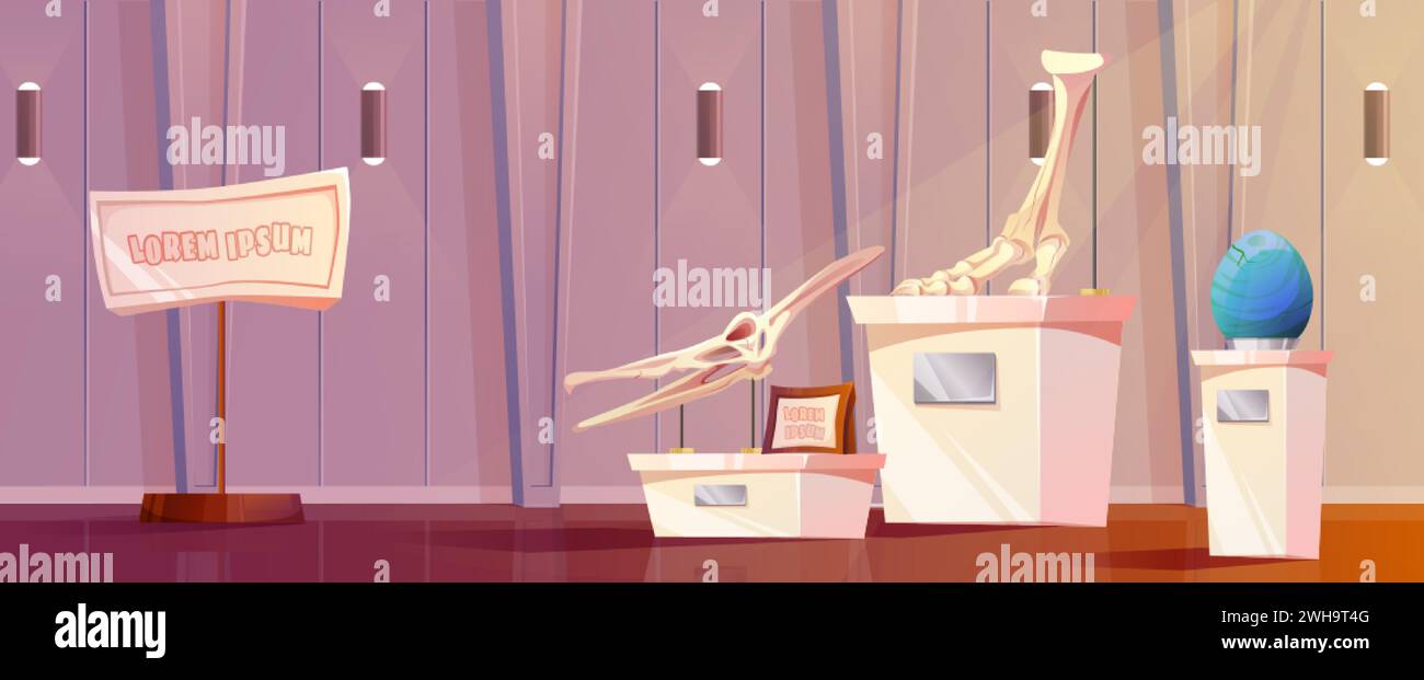 Paleontology museum interior. Vector cartoon illustration of archeology ...