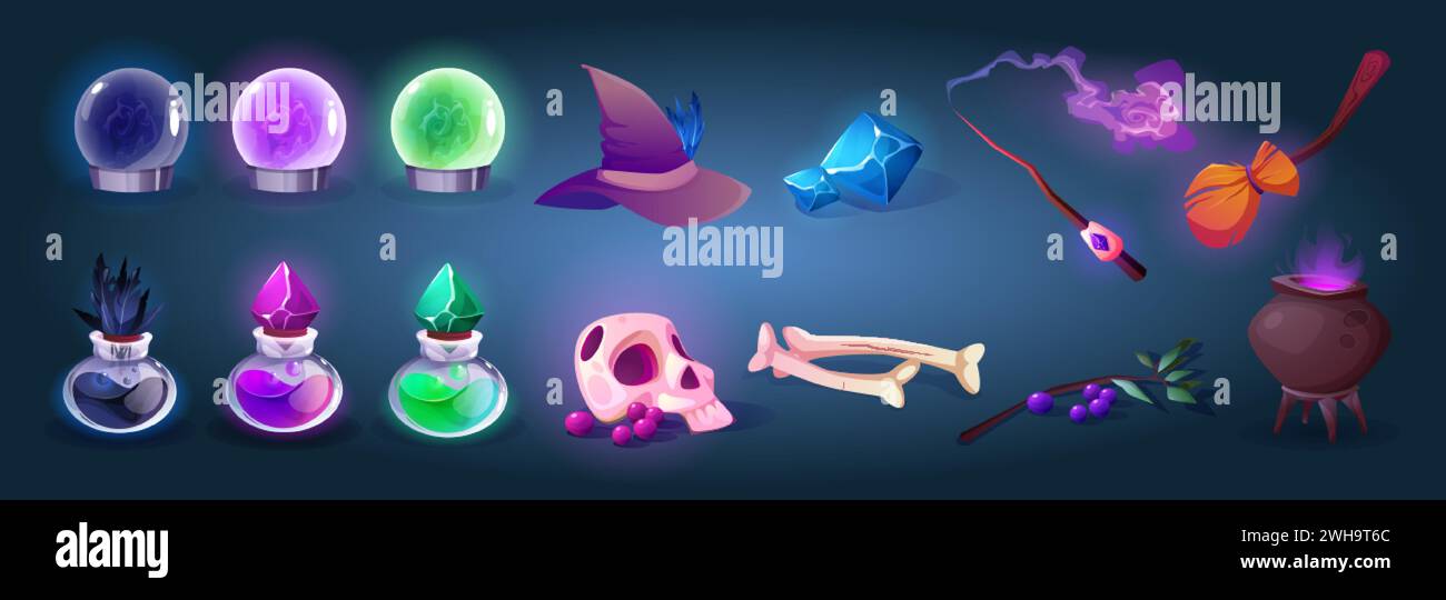 Sorcerer or witch magic stuff game cartoon icons. Vector illustration ...