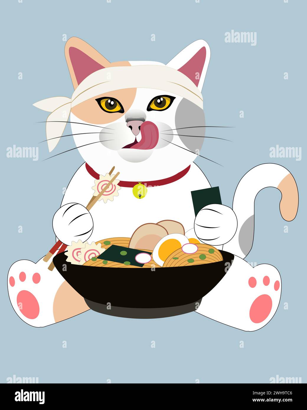 Japanese hungry cat eating ramen noodle with chopstick Stock Vector ...