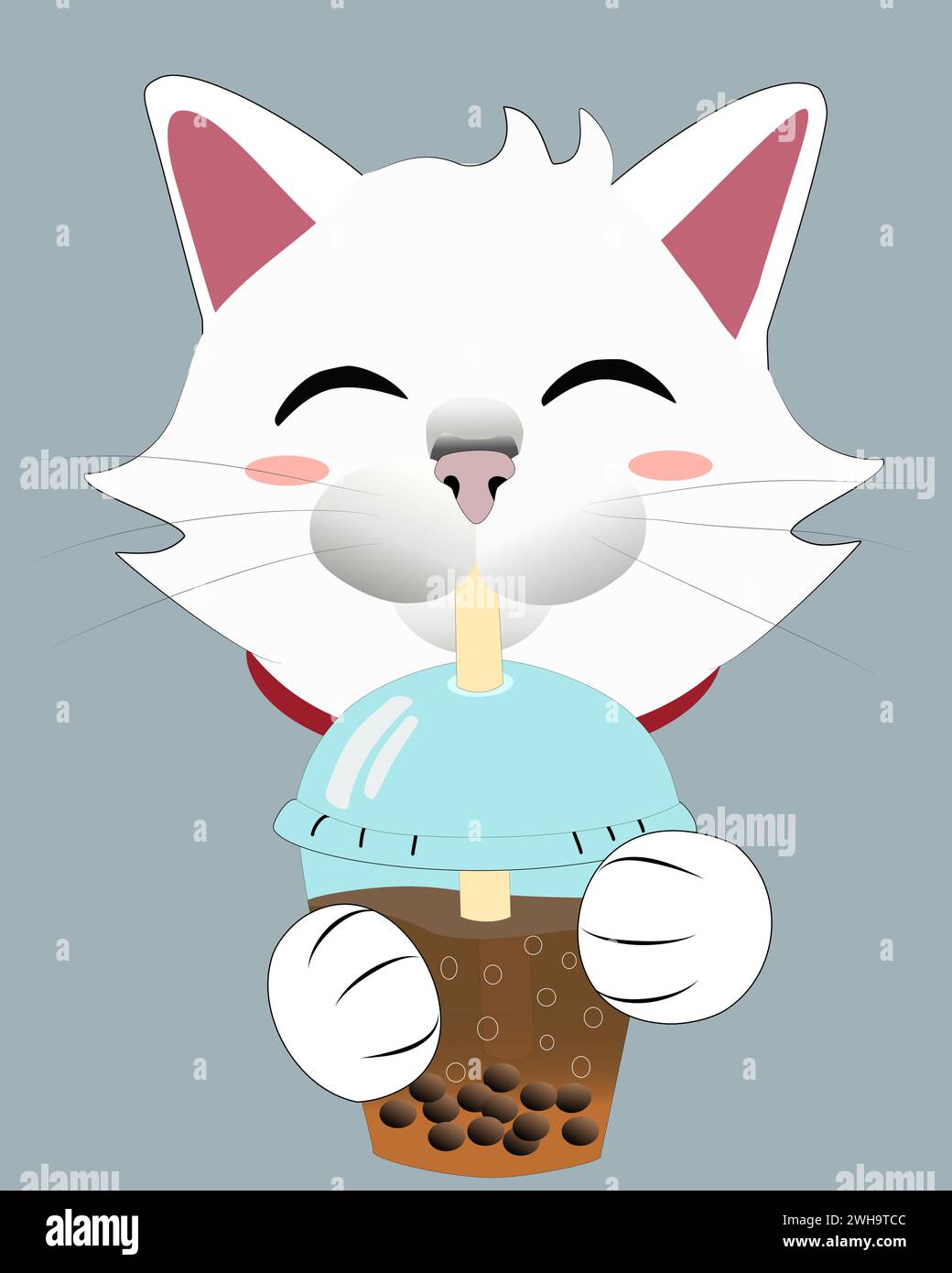 cute little white cat drinking boba with smiling happy face vector ...