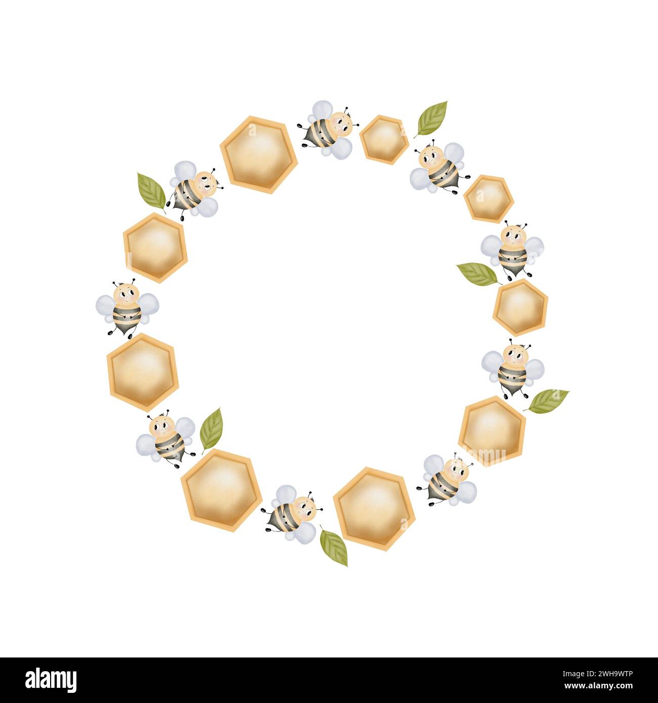 Frame round cute baby honey bees with daisy flower. Watercolor cartoon ...