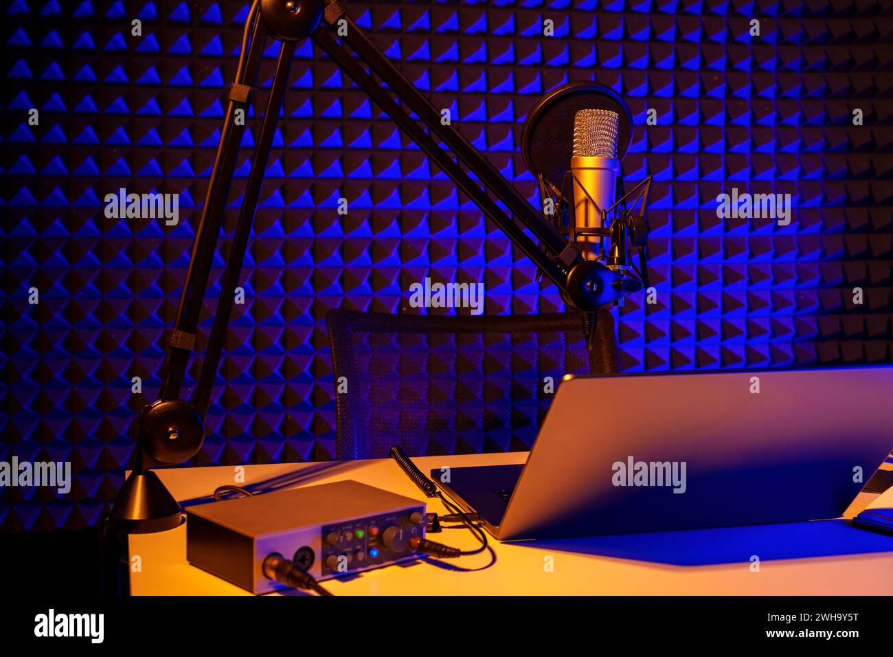 Home studio podcast interior. Microphone, table and chair Stock Photo ...