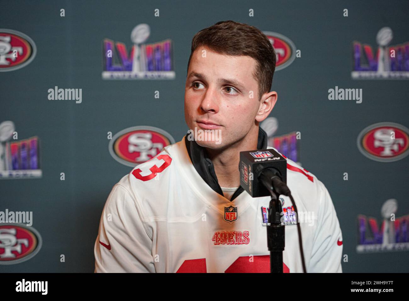 Henderson, Nevada, USA, February 8, 2024, 49ers quarterback Brock Purdy during the Pre Super ...