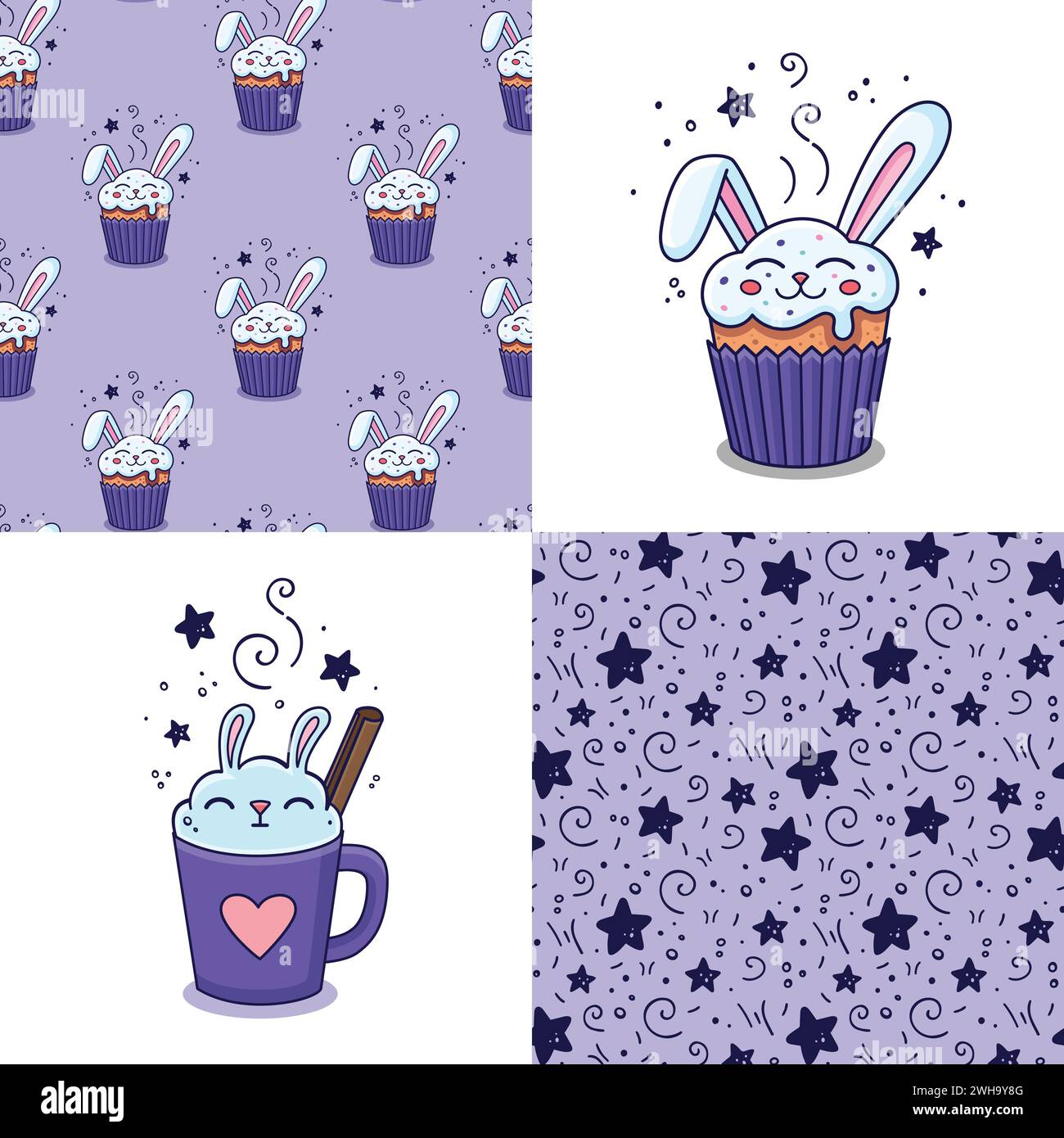 Set of Cute Hand drawn Easter patterns, illustrations with Easter cake, rabbits ears, carrot ...