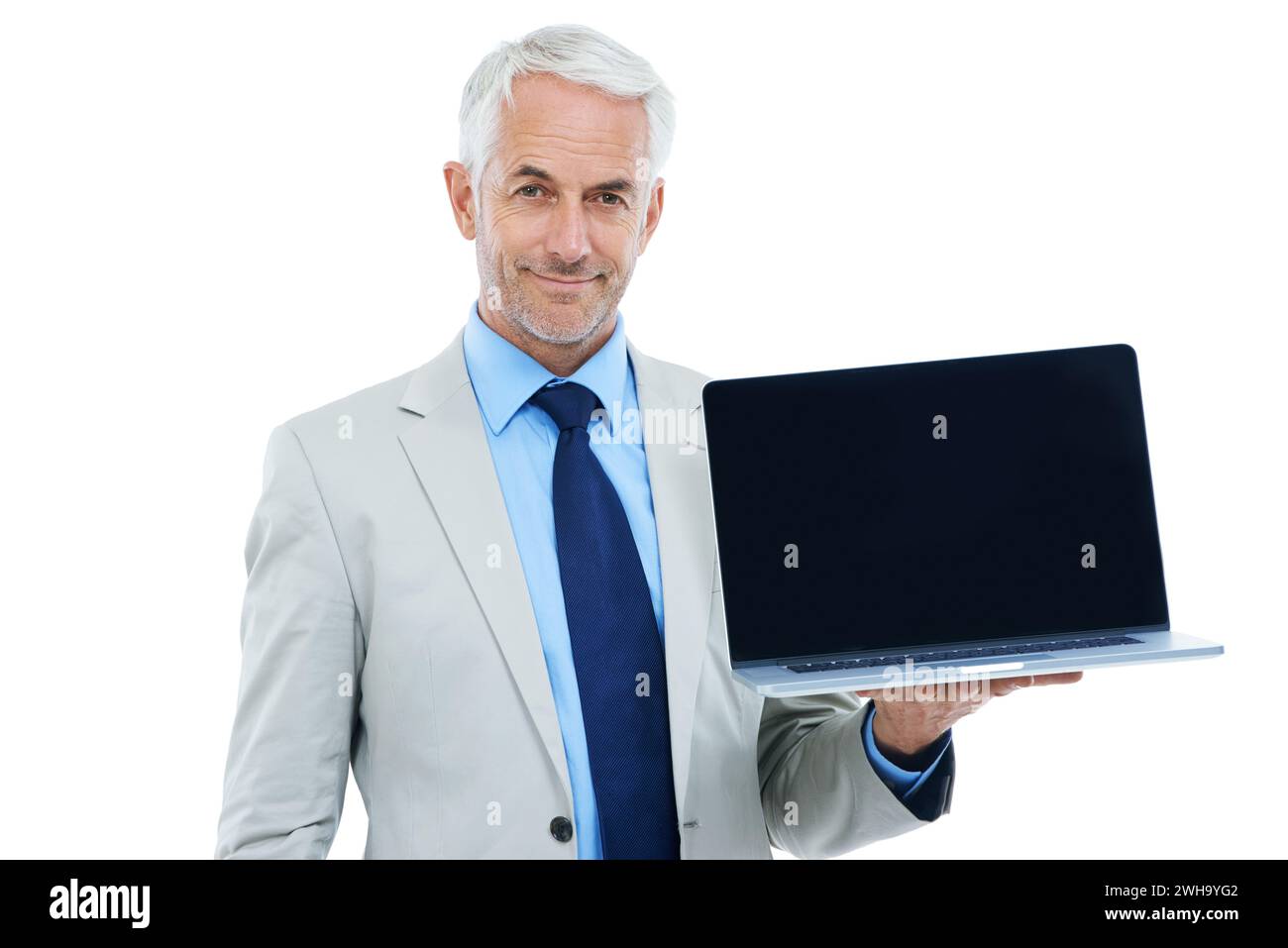 CEO, portrait and businessman with laptop screen in studio isolated on ...