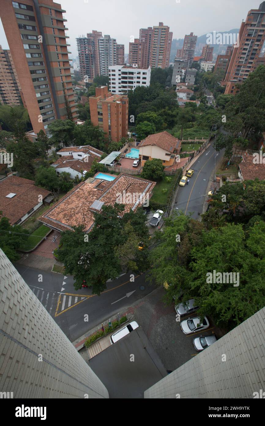 Aerial view of buildings and mountains from Nutibara hill in Medellin ...