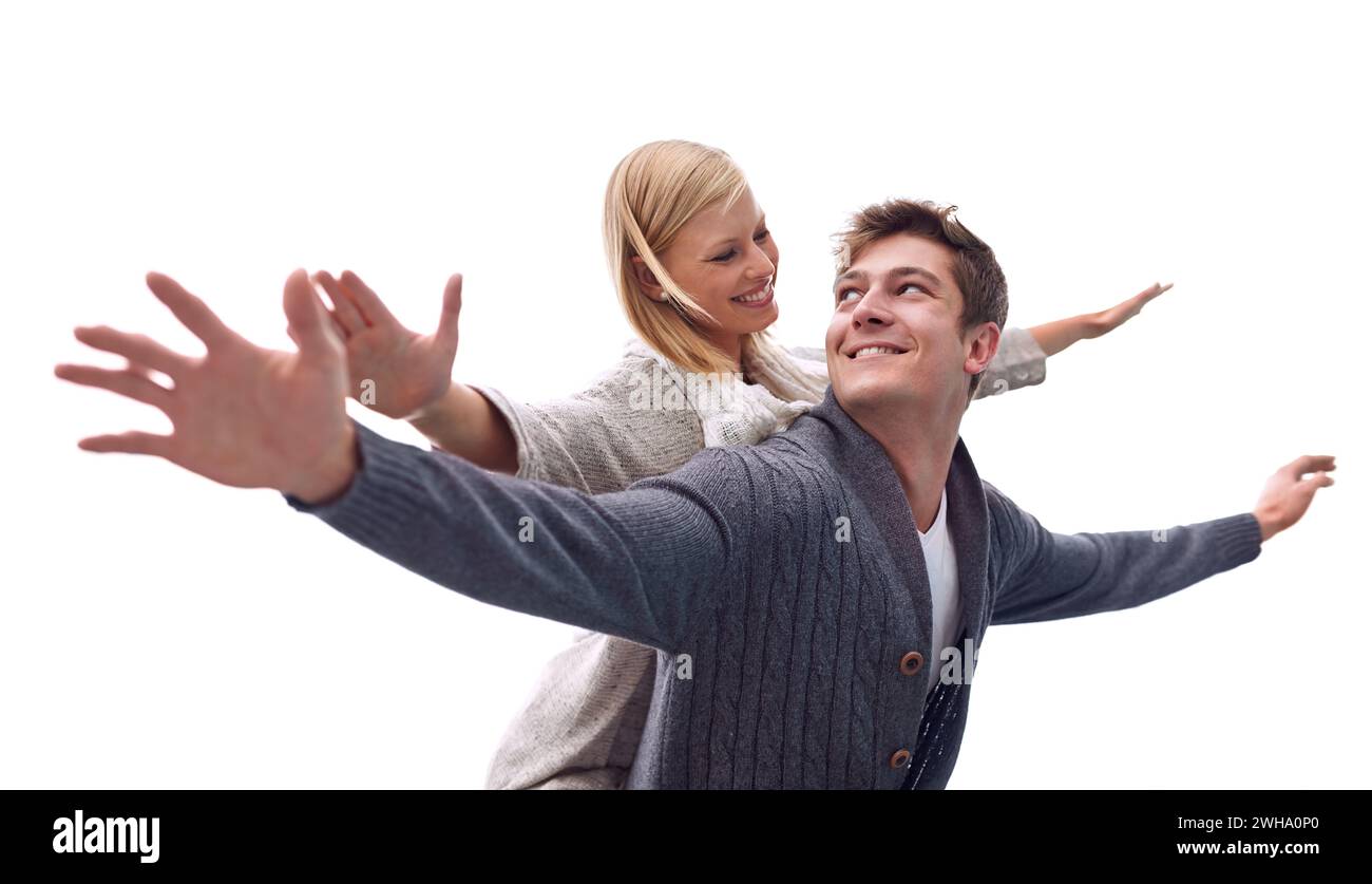 Couple, piggy back and plane with arms, smile and games on date with ...