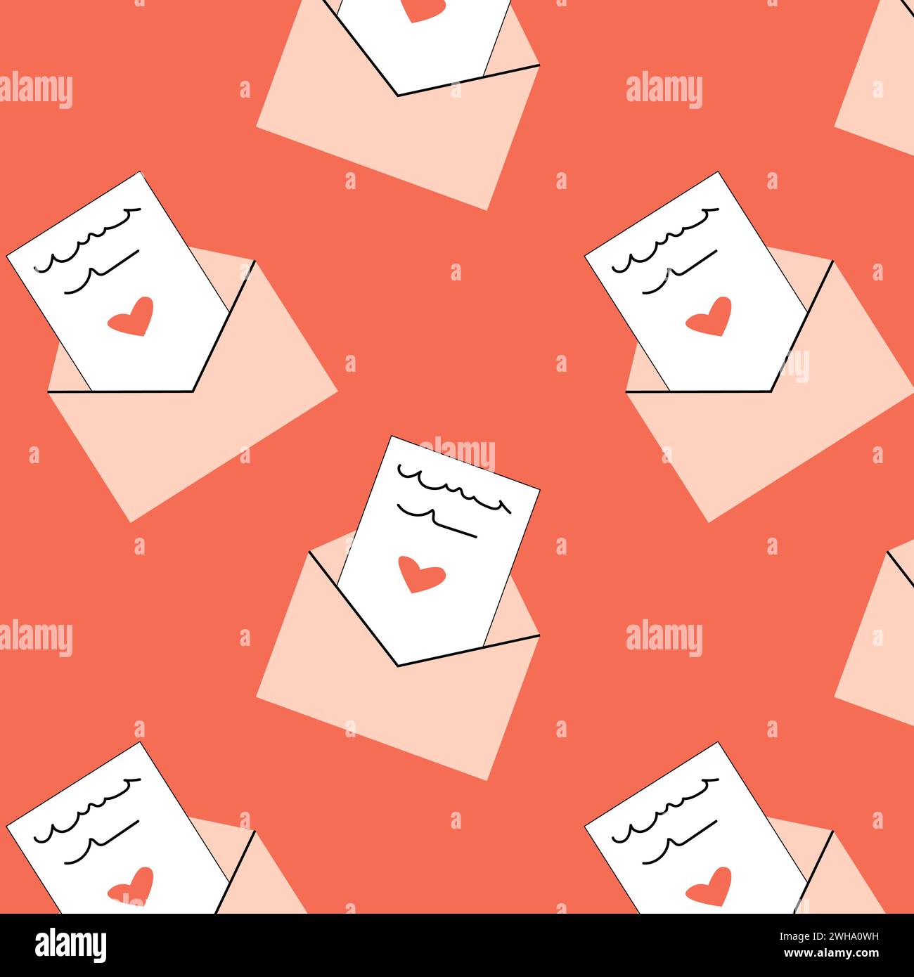 love letter with red heart in envelope doodle illustration. Valentines ...