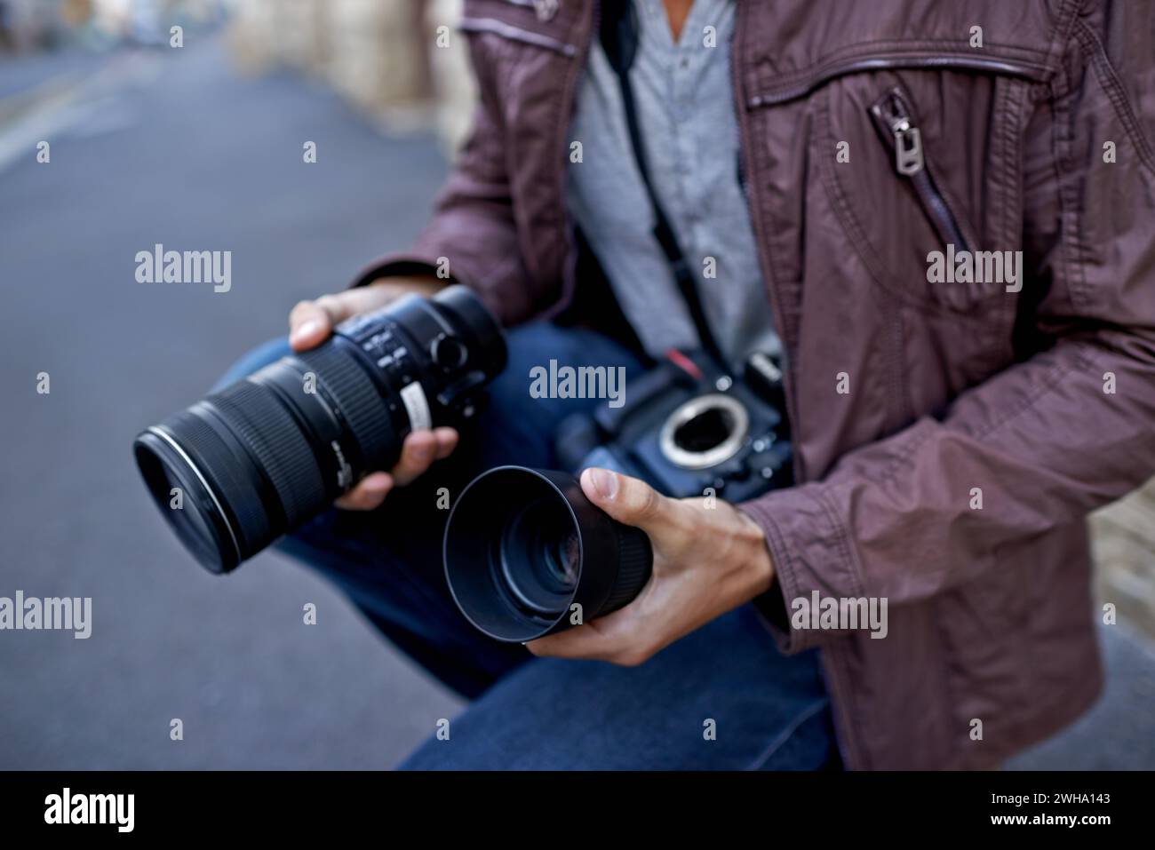 Camera lens, outdoor and hands of photographer to work in city on ...