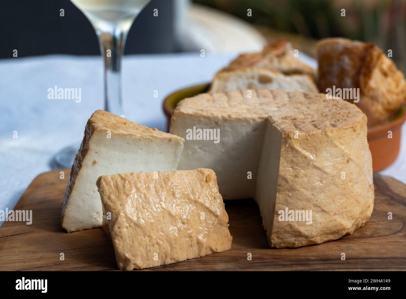 Cheese collection, piece of round fresh smoked Spanish goat cheese ...