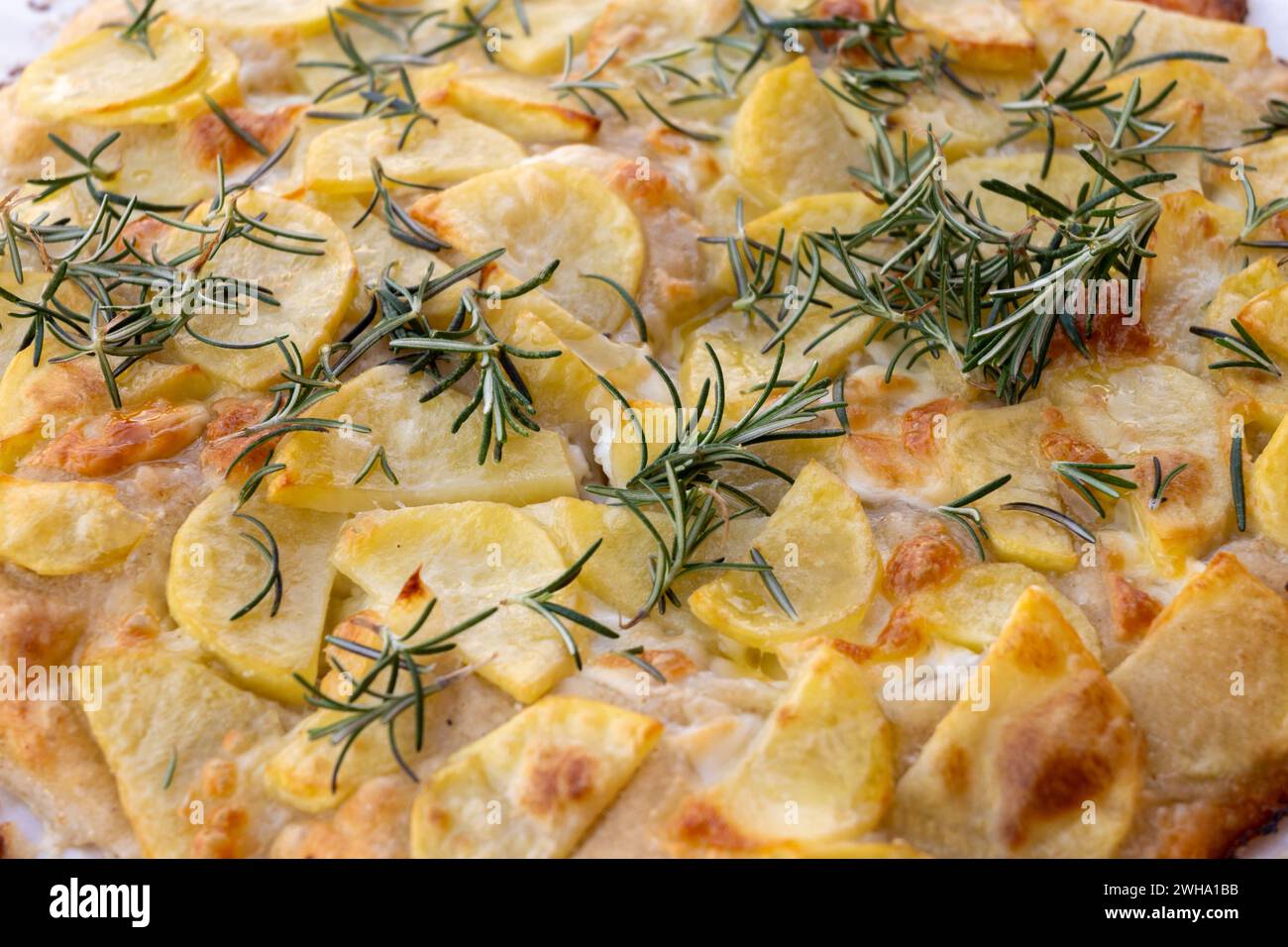 Fresh baked focaccia, pala romana pizza with potato vegetables and ...