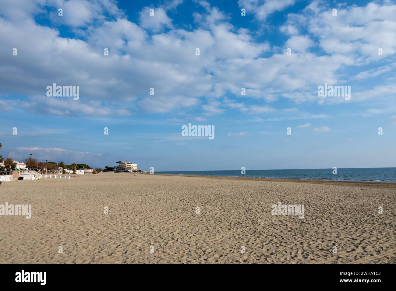 View on sandy beach of Terracina, Tyrrhenian Sea bay, ancient Italian ...