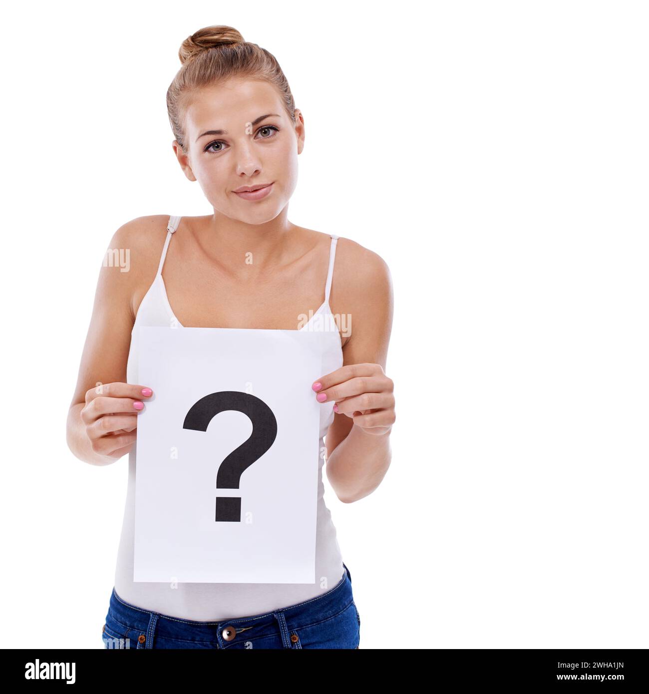 Question mark, portrait or woman with sign or doubt for decision, ideas ...