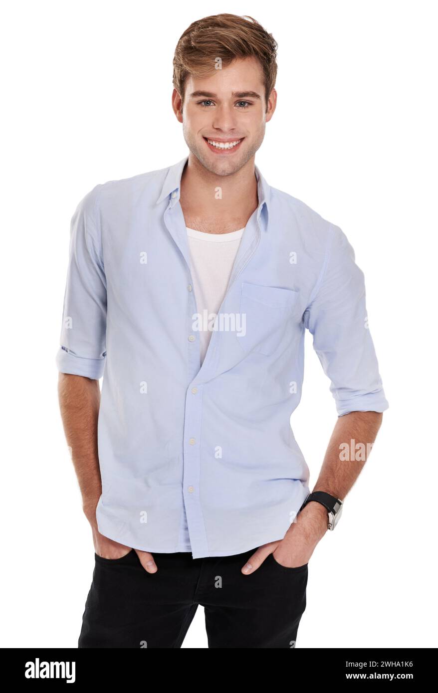 Man, shirt and fashion with studio portrait, smile and confidence with ...