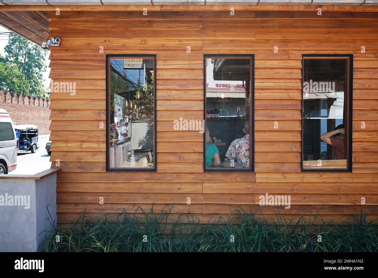 Exterior architecture and building design of local coffee bar decorated ...