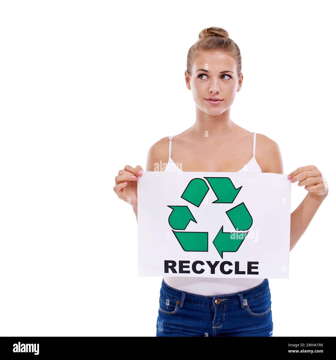 Woman, thinking and poster for recycling, environment and climate ...