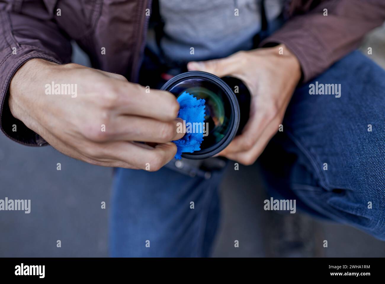 Clean, camera and lens in hands of photographer to prepare equipment ...