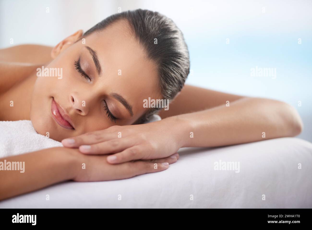 Relax, sleeping and woman at spa with wellness, self care and luxury ...