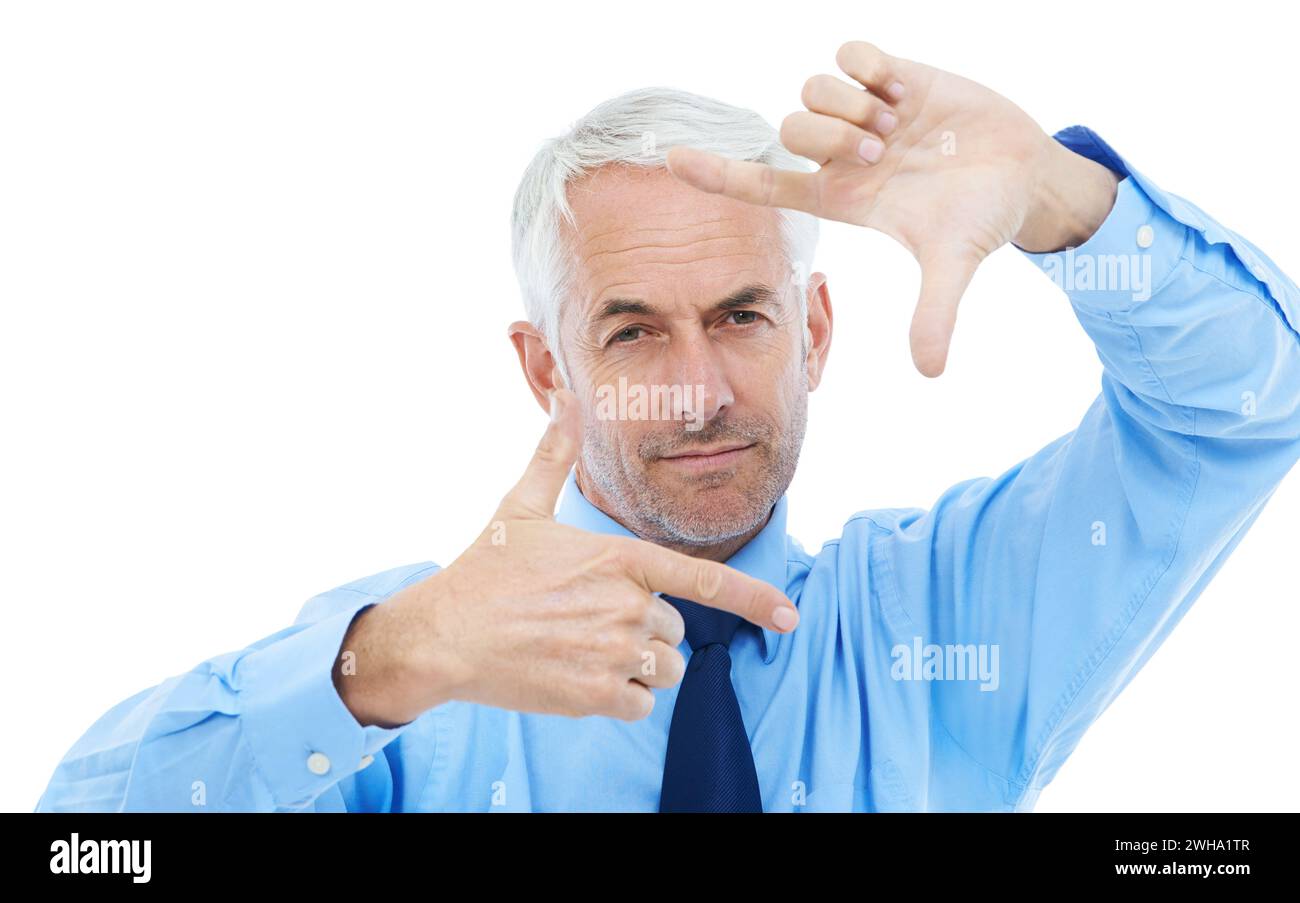 Finger frame, portrait and businessman in studio for posing with ...