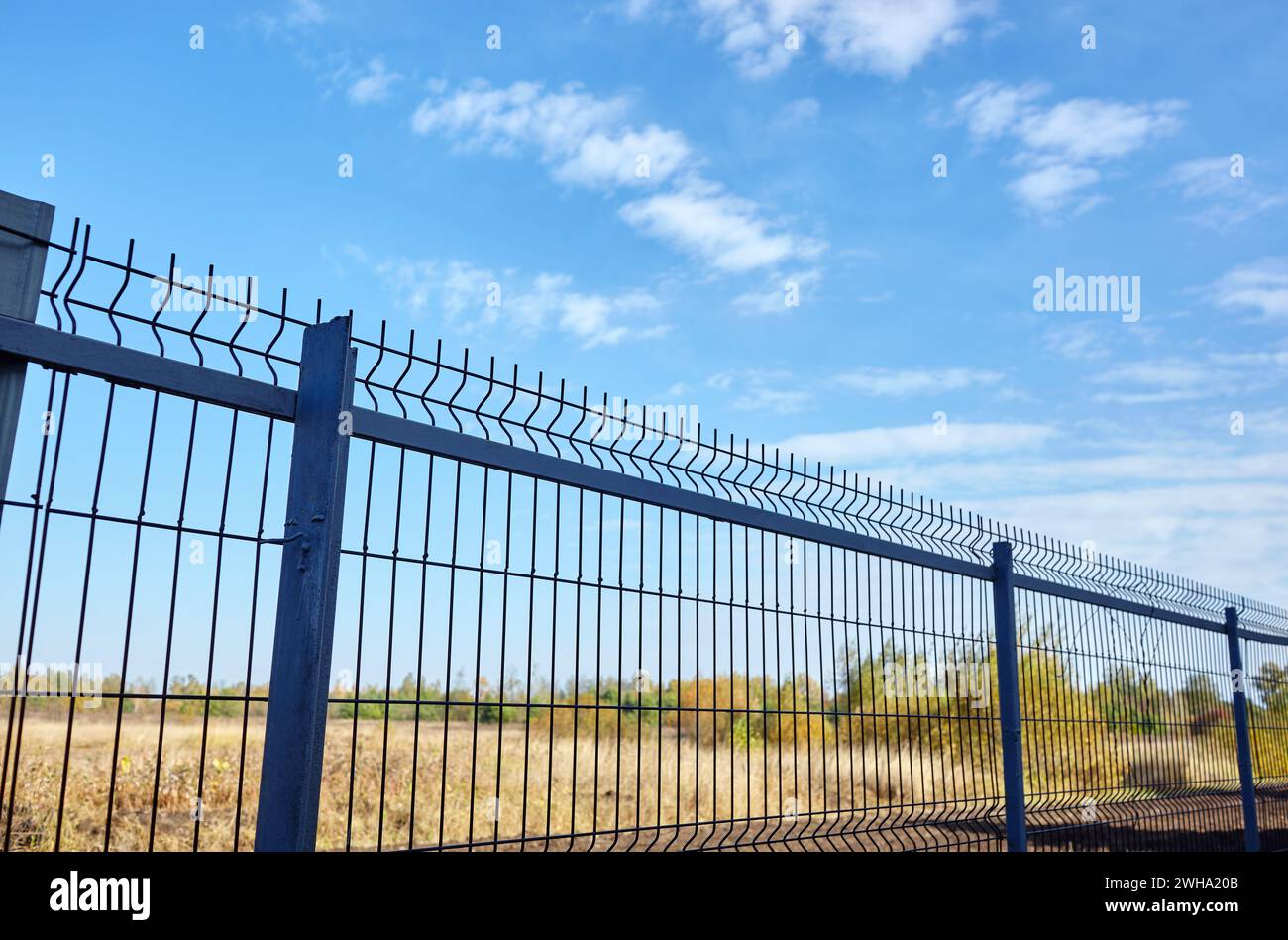 Metal wire fence to protect the territory. Painted wire mesh grille ...
