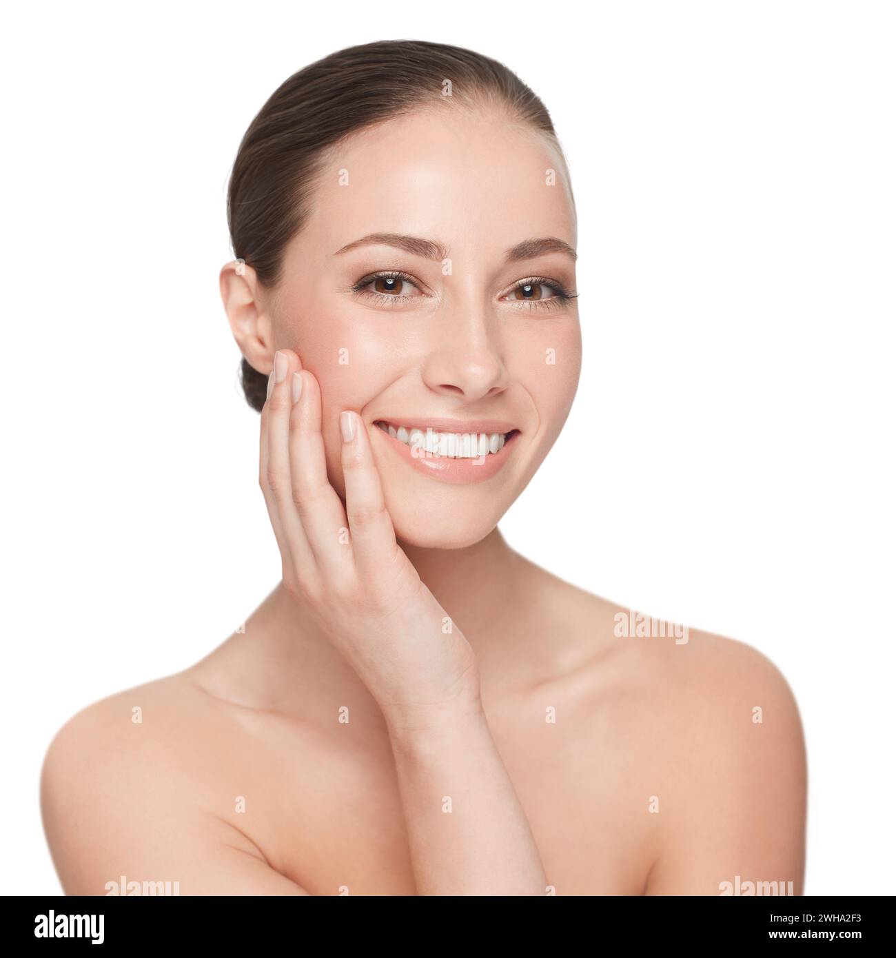 Woman, hand on skin and portrait for beauty, hygiene and wellness with ...