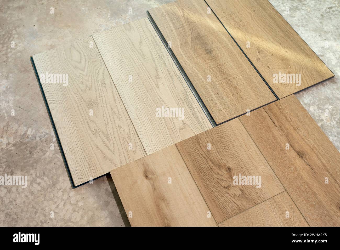 Top View Luxury Vinyl Wood Samples Lying On Concrete Floor In House ...