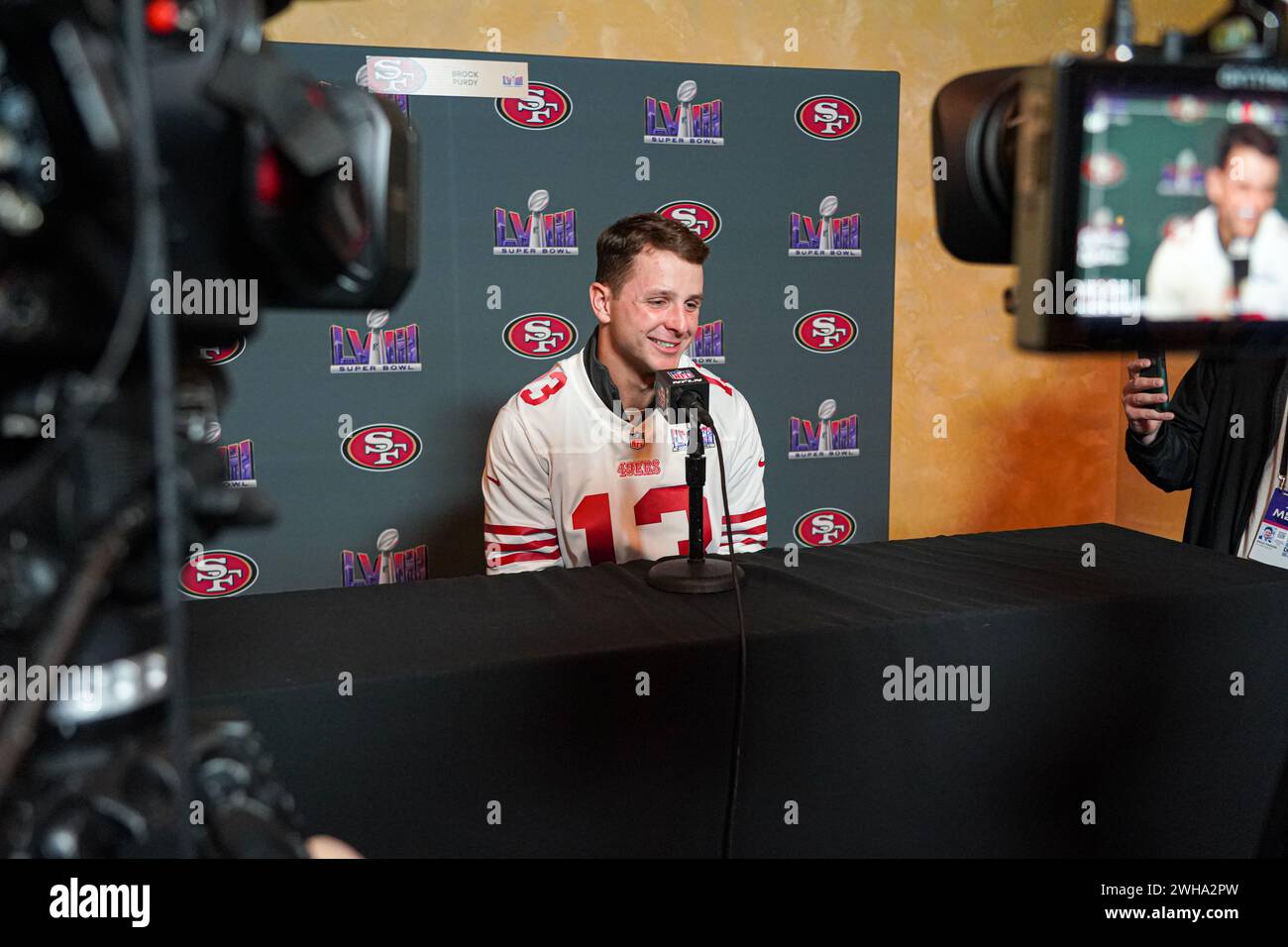 Henderson, Nevada, USA, February 8, 2024, 49ers quarterback Brock Purdy during the Pre Super ...