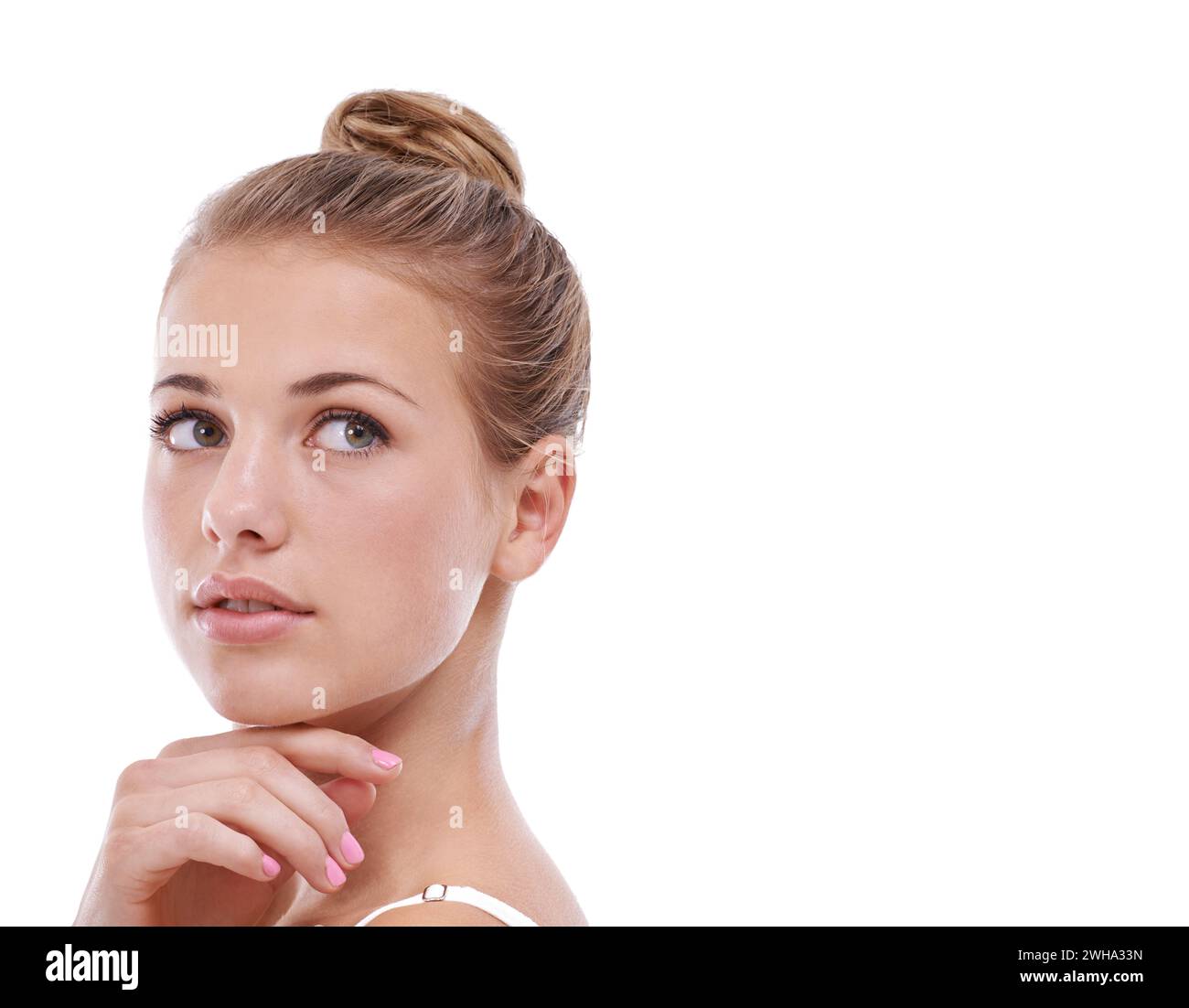 Woman, face and thinking of idea in studio for problem solving ...