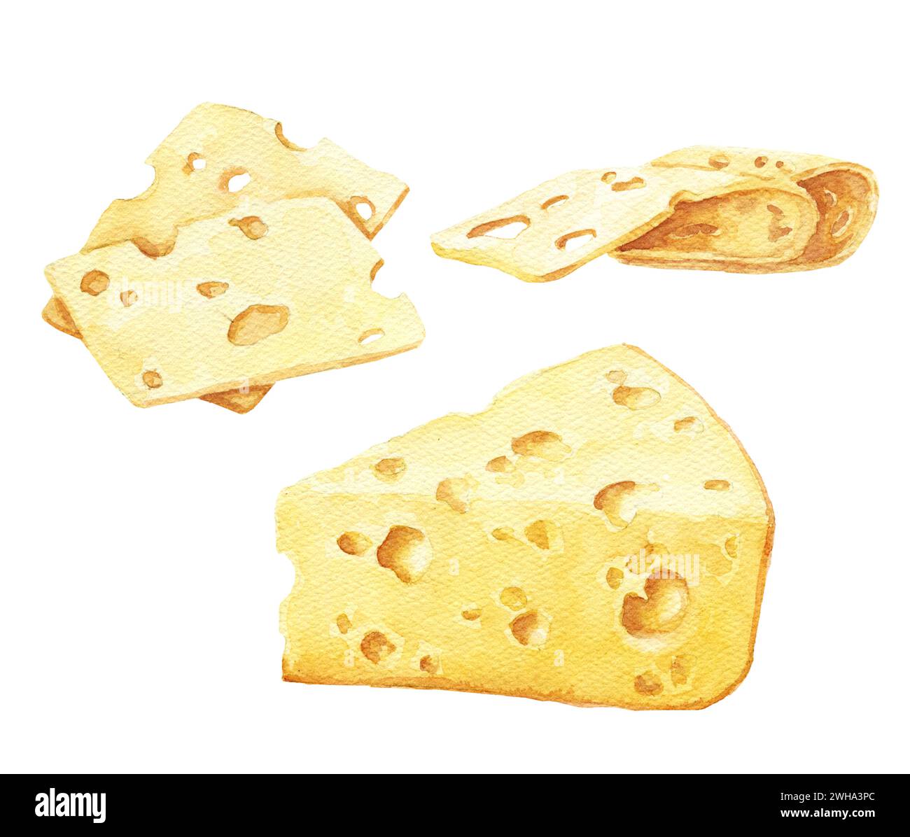 Hand drawn watercolor cheese set, isolated on white background. Food ...