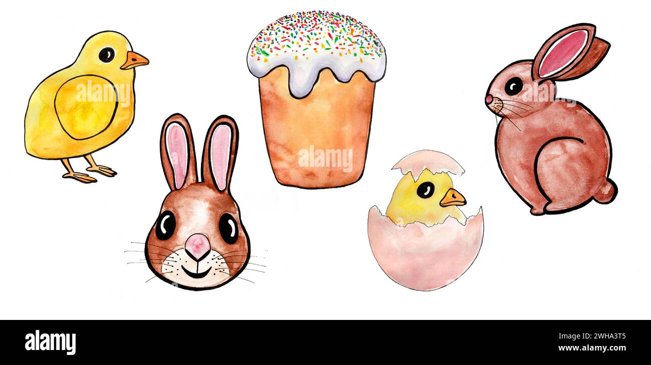 Set of elements of Easter symbols. Chicken and rabbit in profile ...