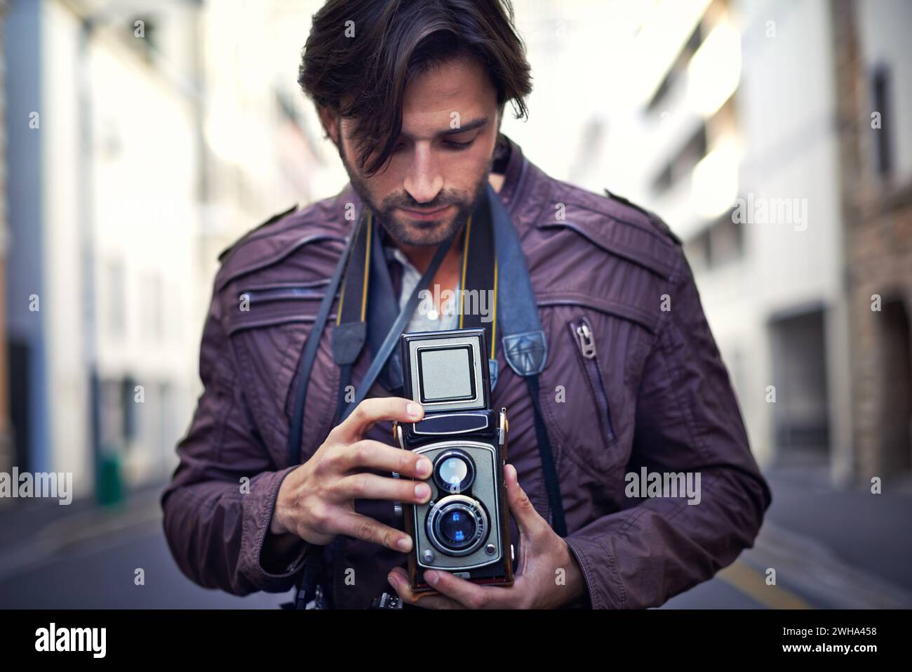 Retro, camera and photographer in city for photoshoot with professional ...