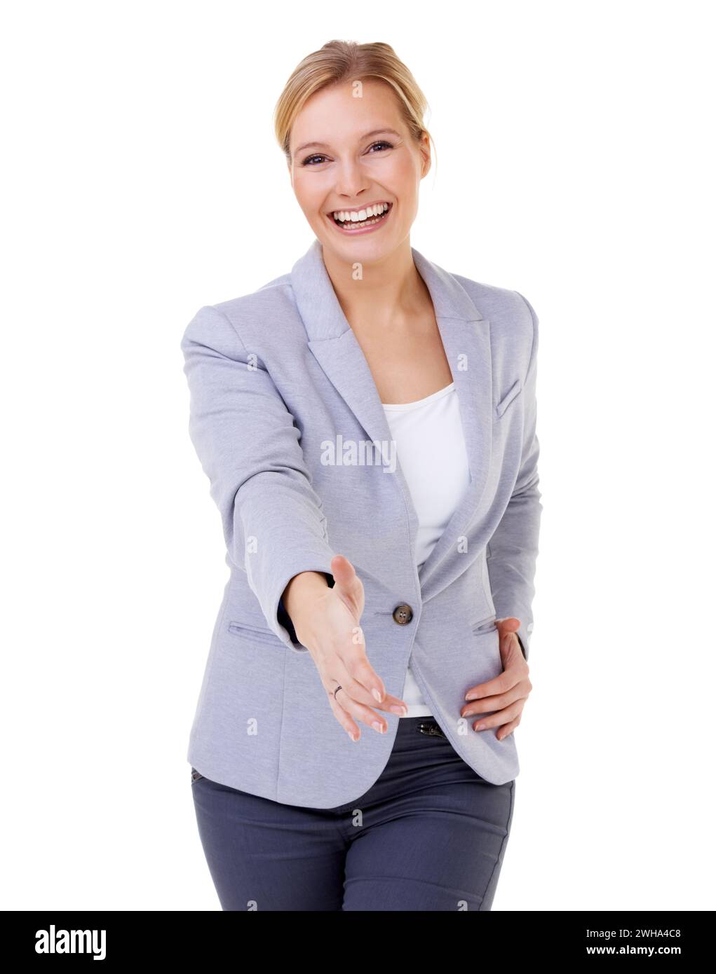 Portrait, smile and handshake with business woman in studio isolated on ...